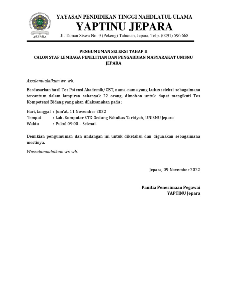 Pengumuman Seleksi Staf UNISNU Jepara | PDF