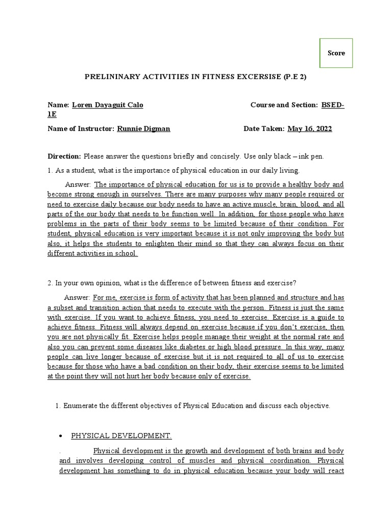 Prelim Activities in P.E 2 | PDF | Physical Fitness | Emotions