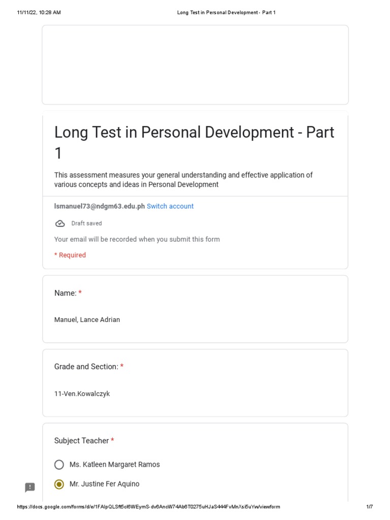 Long Test in Personal Development - Part 1 | PDF | Love | Conformity