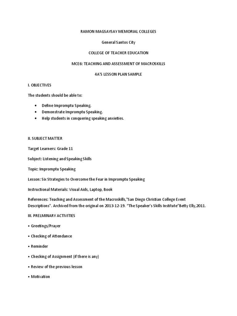 LESSON-PLAN Impromptu Speaking | PDF | Lesson Plan | Teachers