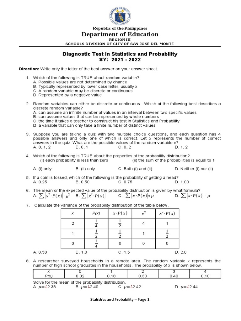Grade 11 Statistics Diagnostic Test | PDF