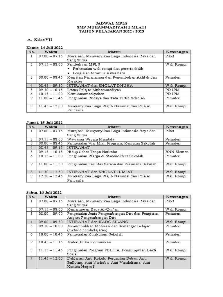 Jadwal MPLS 2022-2023 | PDF | Kajian Bahasa Asing