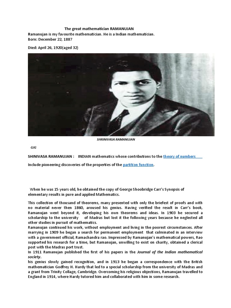 The Great Mathematician RAMANUJAN | PDF | Classics | General Fiction