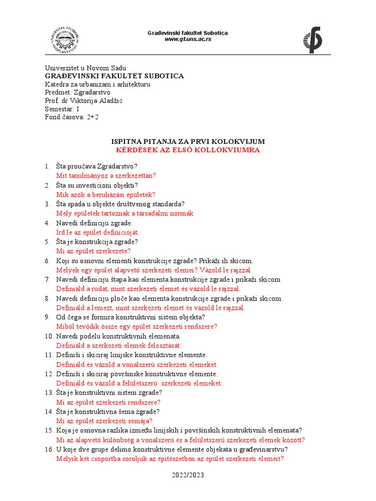 ISPITNA PITANJA 1 Kolokvijum 2022-2023 SRB-HU | PDF