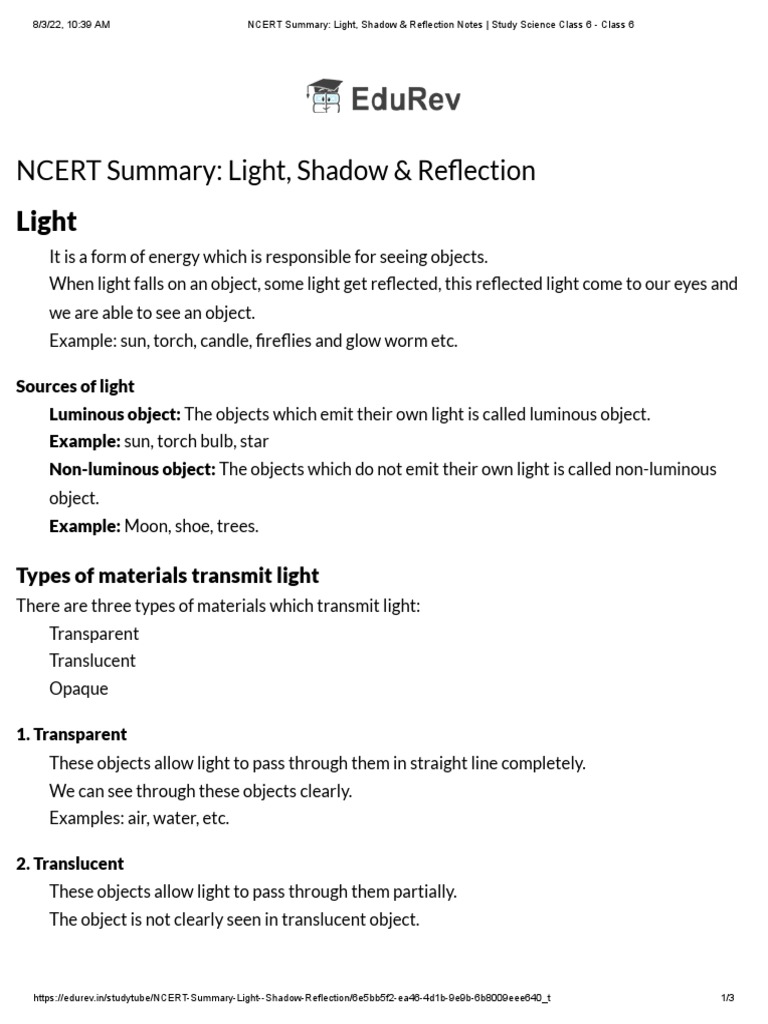 NCERT Summary - Light, Shadow & Reflection Notes - Study Science Class ...