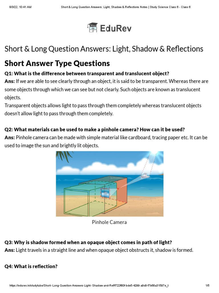 Short & Long Question Answers - Light, Shadow & Reflections Notes ...