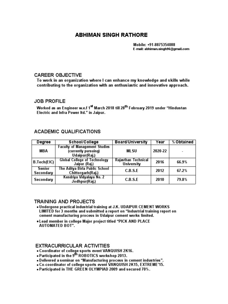 Abhiman Singh Rathore's CV Summary | PDF | Computing