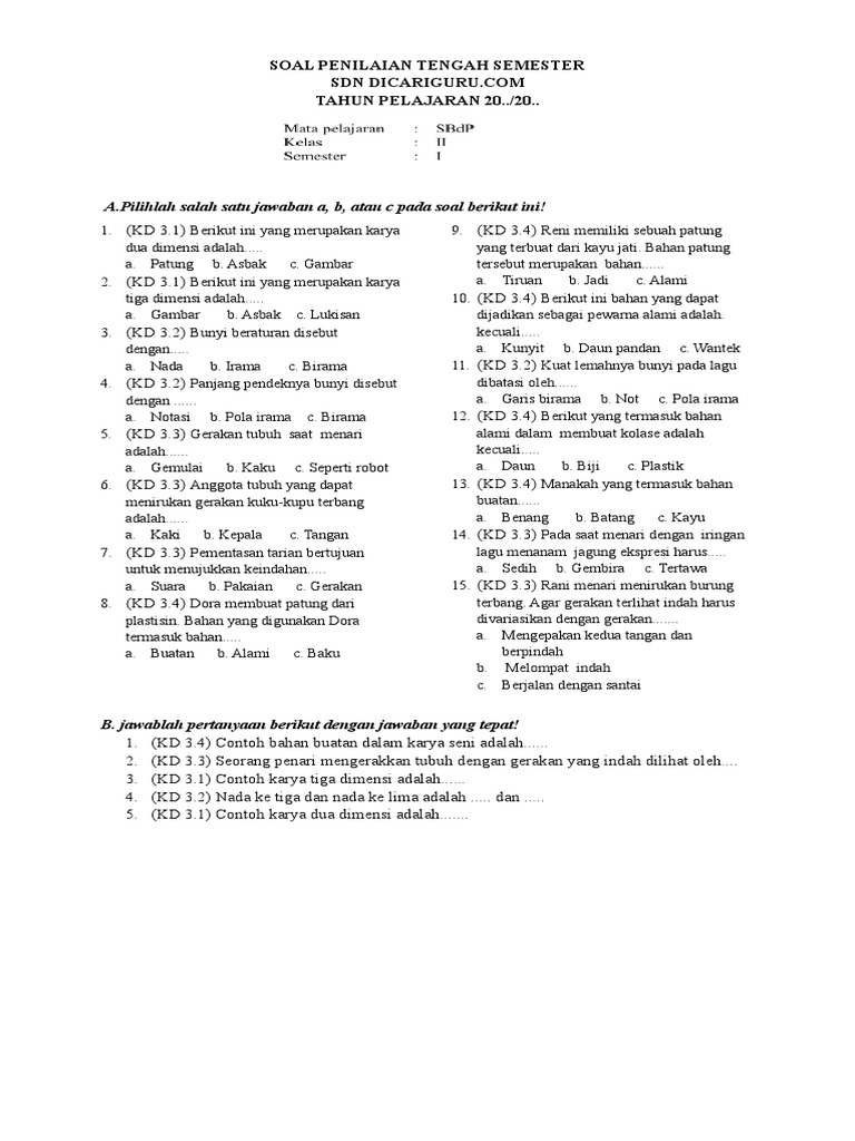 2 Soal PAS SBDP Kelas 2 | PDF