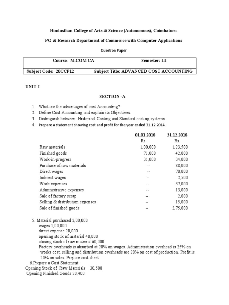20ccp12-Advanced Cost Accounting Q Bank | PDF | Cost Accounting | Economies