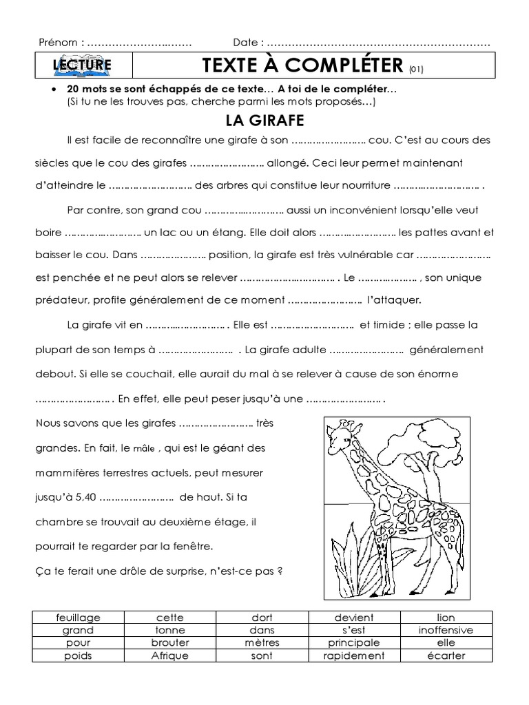 Texte à trous : La girafe à compléter | PDF