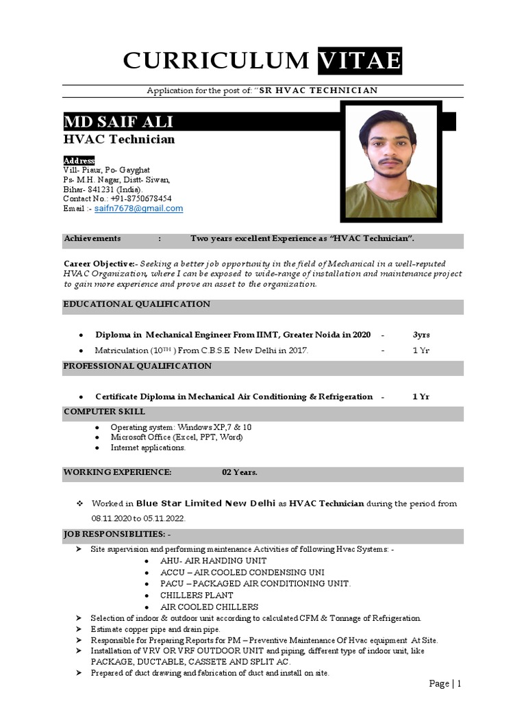 Saif Ali HVAC Tech 2 Years Exp With | PDF
