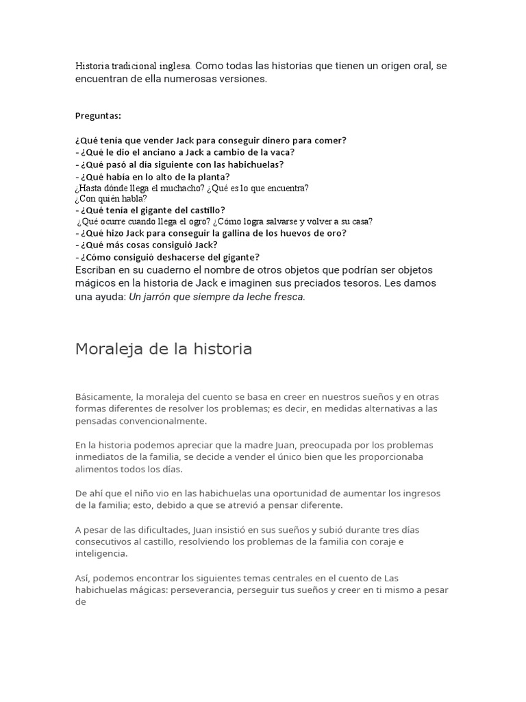 Moraleja de Jack y las habichuelas mágicas | PDF | Jack y las ...
