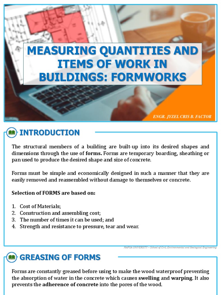 CE155 Quantity Take Off Formworks Installation | PDF | Framing (Construction) | Scaffolding