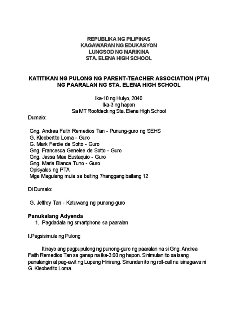 Halimbawa NG Katitikan NG Pulong | PDF