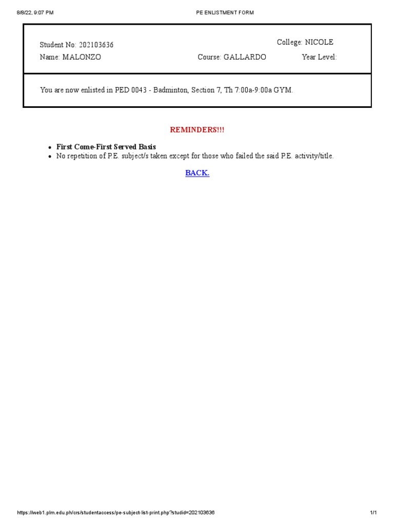 Pe Enlistment Form | PDF