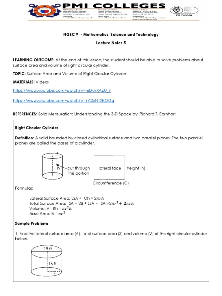Surface Area and Volume of Right Circular Cylinder | PDF | Area | Volume