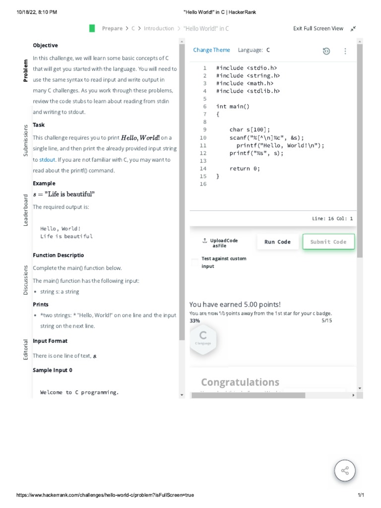 Hello World In C Hackerrank Pdf