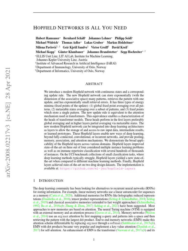 Hopfield Networks Is All You Need | Download Free PDF | Deep Learning | Artificial Neural Network