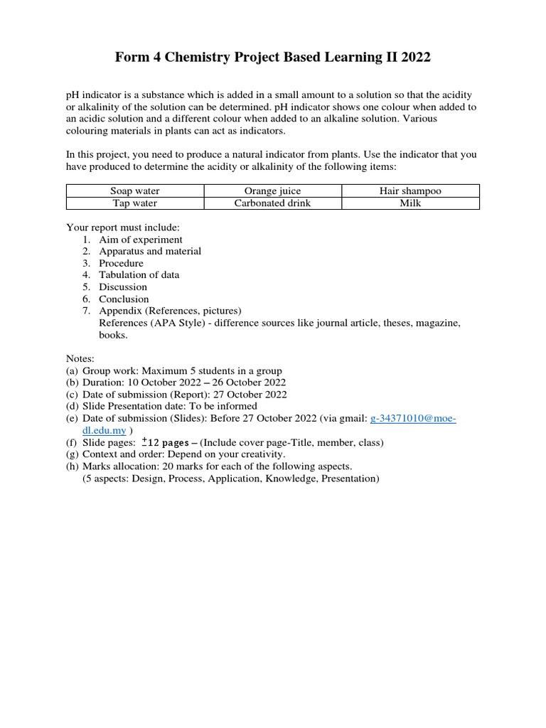Form 4 Chemistry Project Based Learning II | PDF | Alkalinity | Project ...