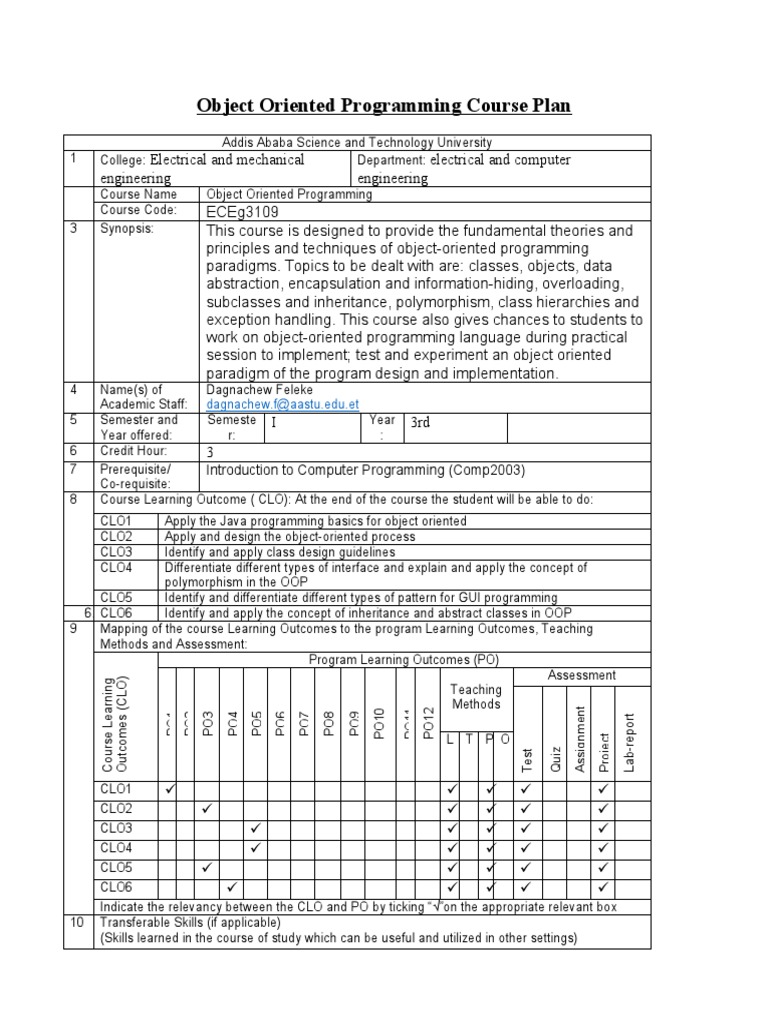 Object Oriented Programming Course Plan | PDF | Object Oriented Programming | Class (Computer ...