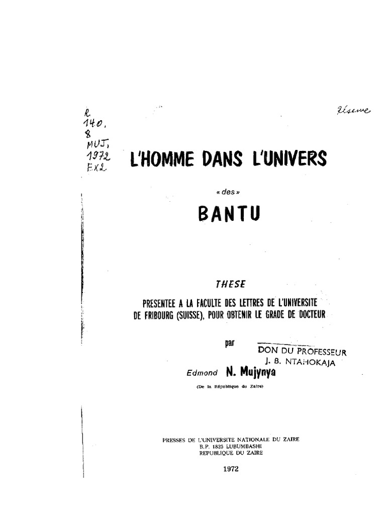 Thèse de MUJYNYA Edmond N. - L'Homme Dans L'univers Des Bantu | PDF