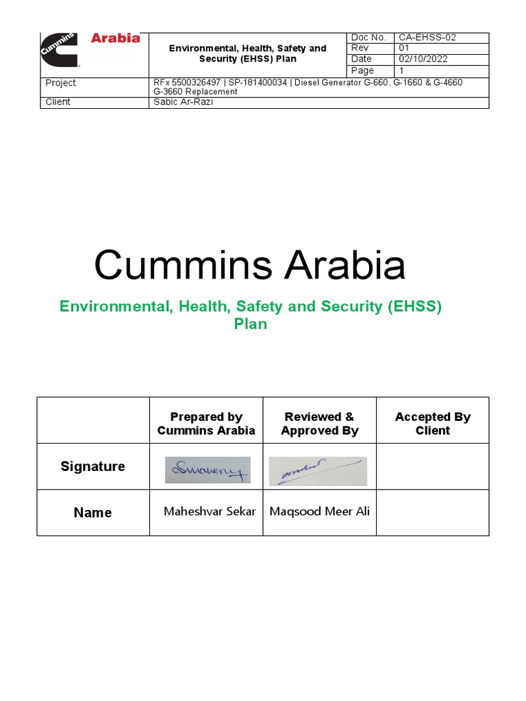 EHSS Plan, Cummins Rev-01 | PDF