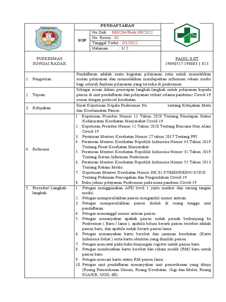 Sop Pendaftaran Dan Rekam Medis | PDF