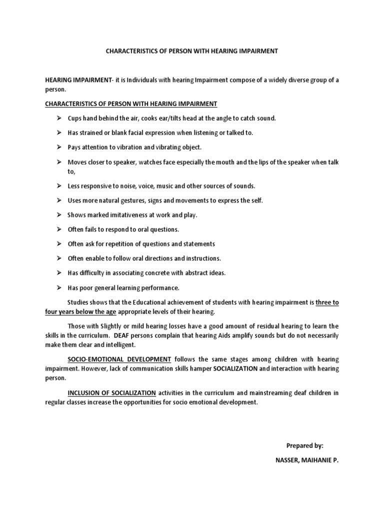 Handouts Characteristics of Person With Hearing Impairment | PDF