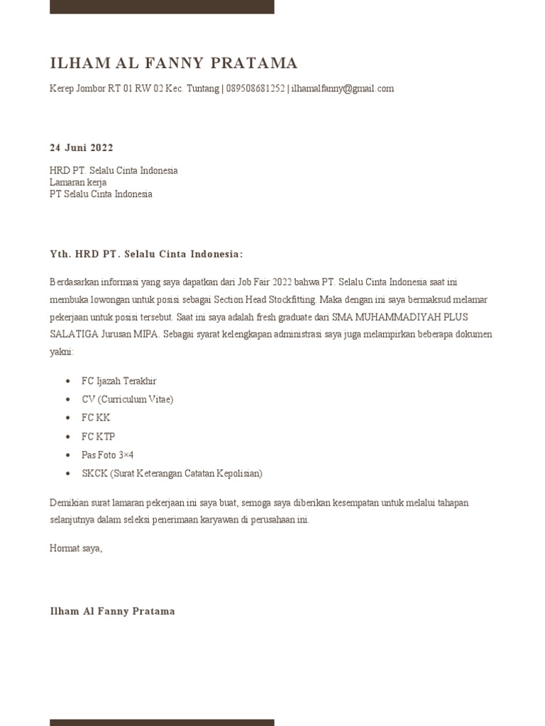 Surat Lamaran PT. SCI | PDF | Karier & Perkembangan | Bisnis