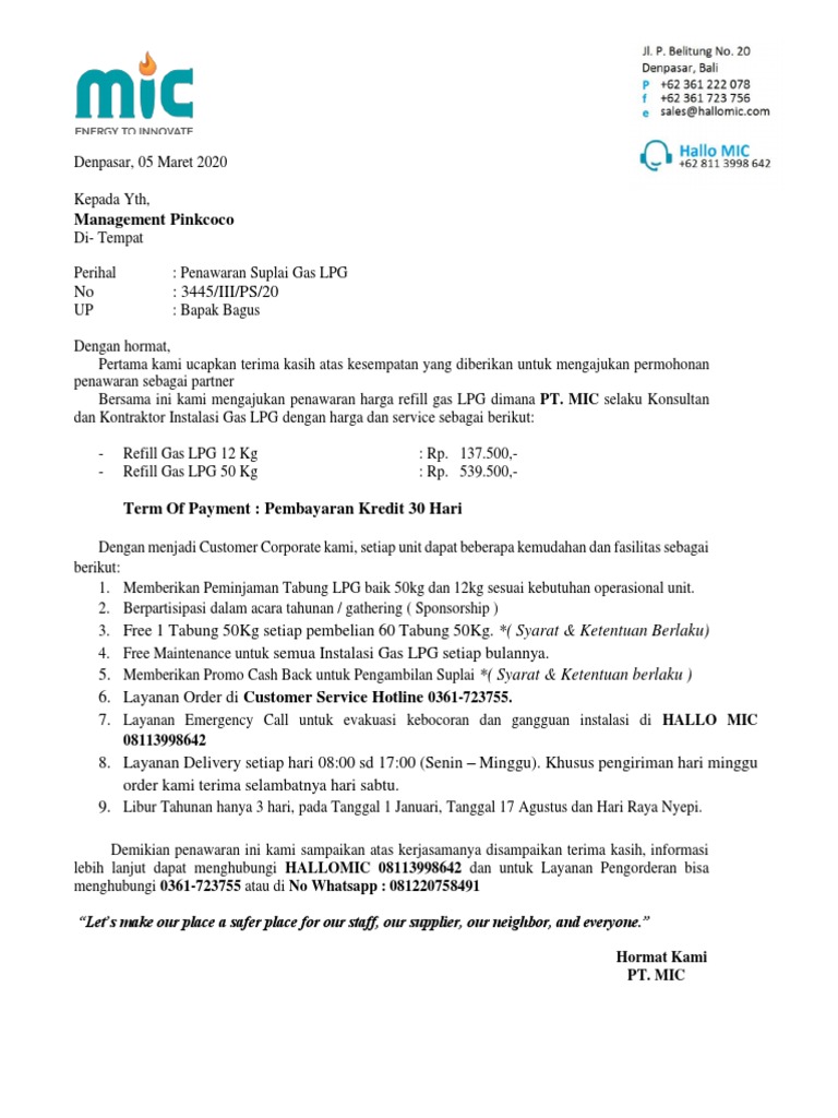 Pinkcoco Management - Quotation LPG Gas Supply MIC | PDF