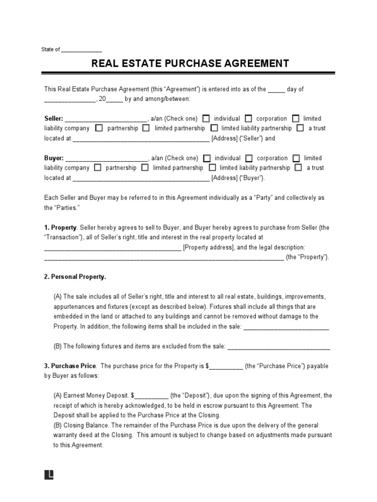 Real Estate Purchase Agreement | PDF | Title Insurance | Mortgage Loan