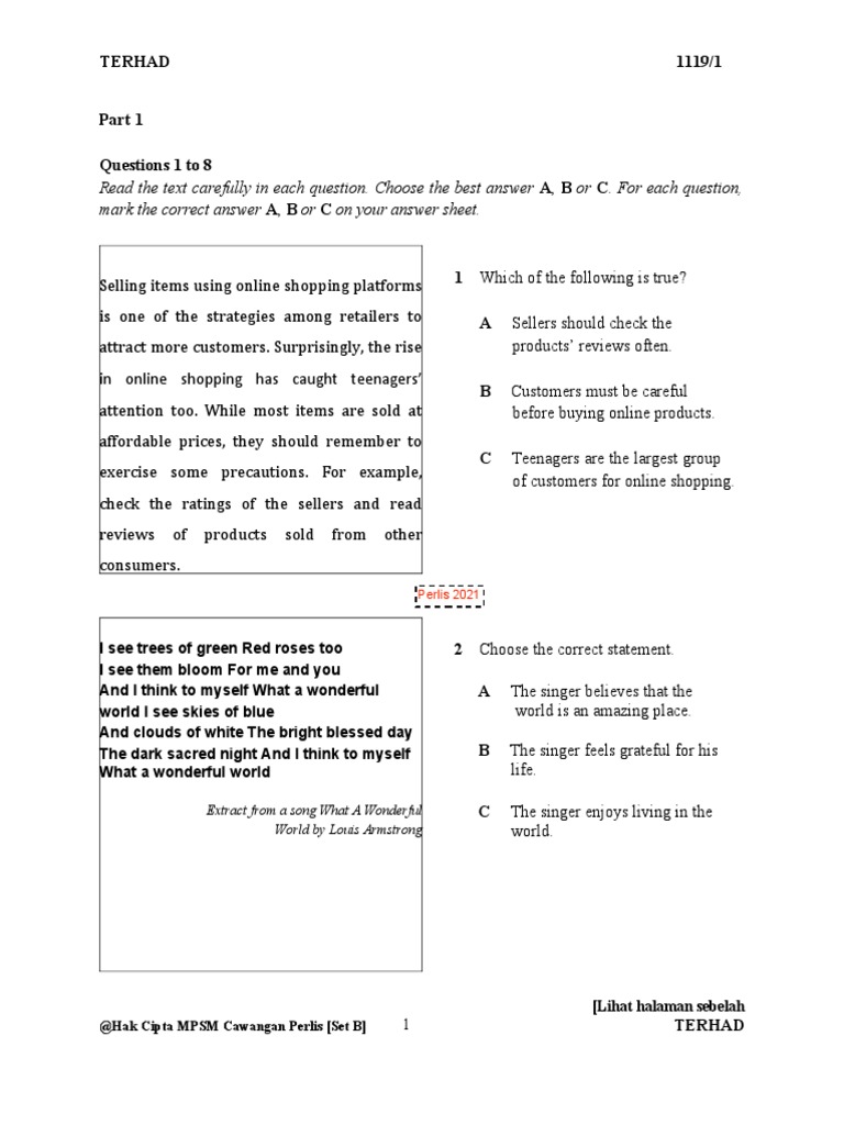 SodaPDF Converted KERTAS TRIAL ENGLISH PERLIS K1 SET B 2021 | PDF | Online Shopping | Facebook