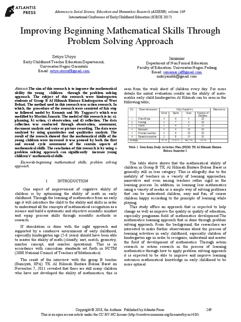 Improving Beginning Mathematical Skills Through Problem Solving ...