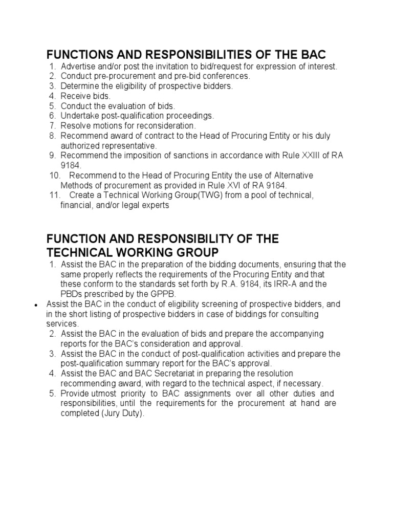 Functions and Responsibilities of The Bac | PDF | Procurement | Justice