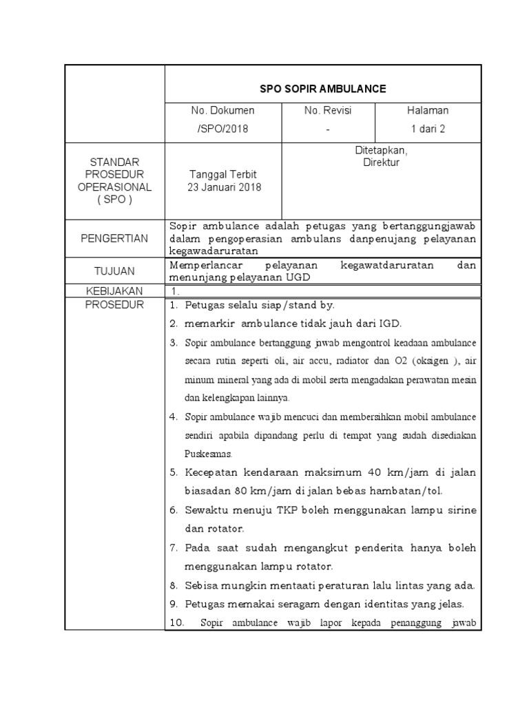 SOP Sopir Ambulance untuk Pelayanan UGD | PDF
