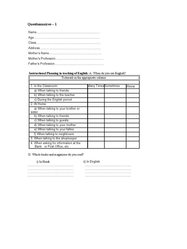 English Usage Questionnaire Template | PDF | Career & Growth | Foreign ...