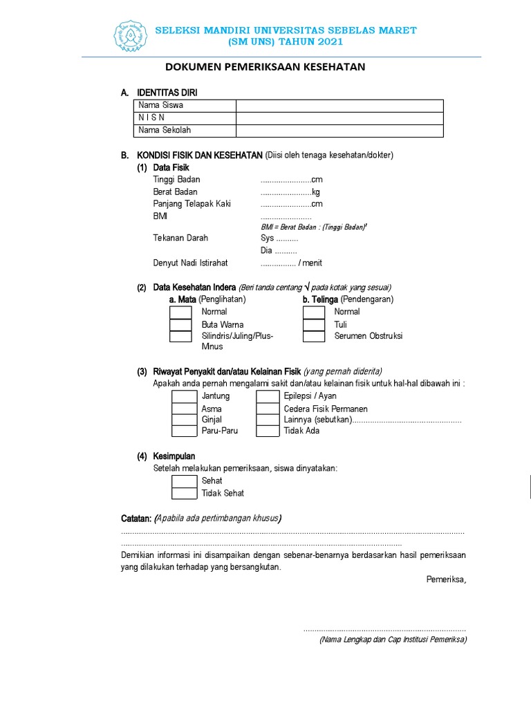 Template DOKUMEN KESEHATAN (PORTOFOLIO OLAHRAGA) SM UNS 2021 | PDF