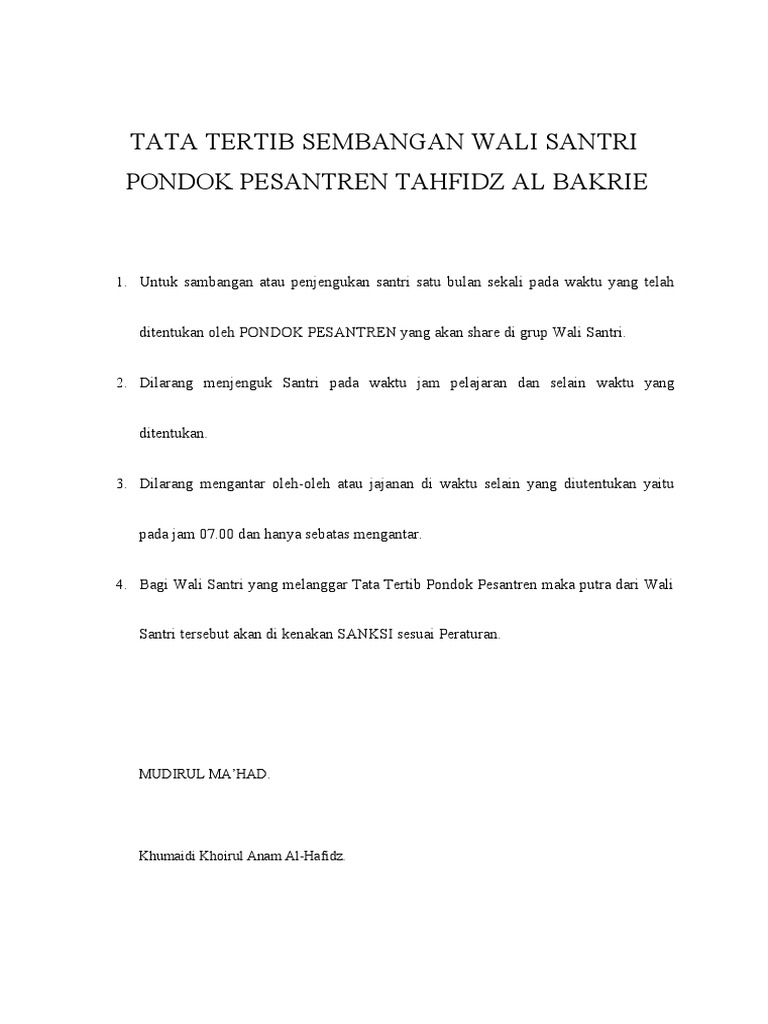 Tata Tertib Sembangan Wali Santri Pondok Pesantren Tahfidz Al Bakrie | PDF
