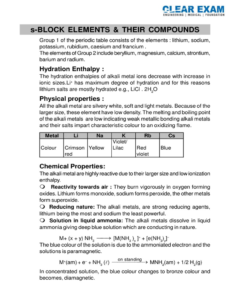 S-Block Elements & Their Compounds | PDF