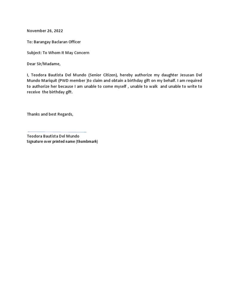 Authorization Letter To Claim Birthday Certificate | PDF