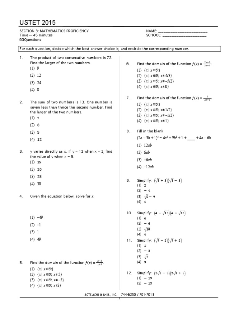 Ustet Mathematics Proficiency | PDF