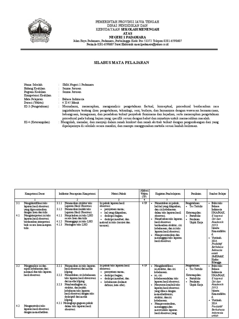 Silabus Bahasa Indonesia Kelas 10 SMA-MA 2021 | PDF