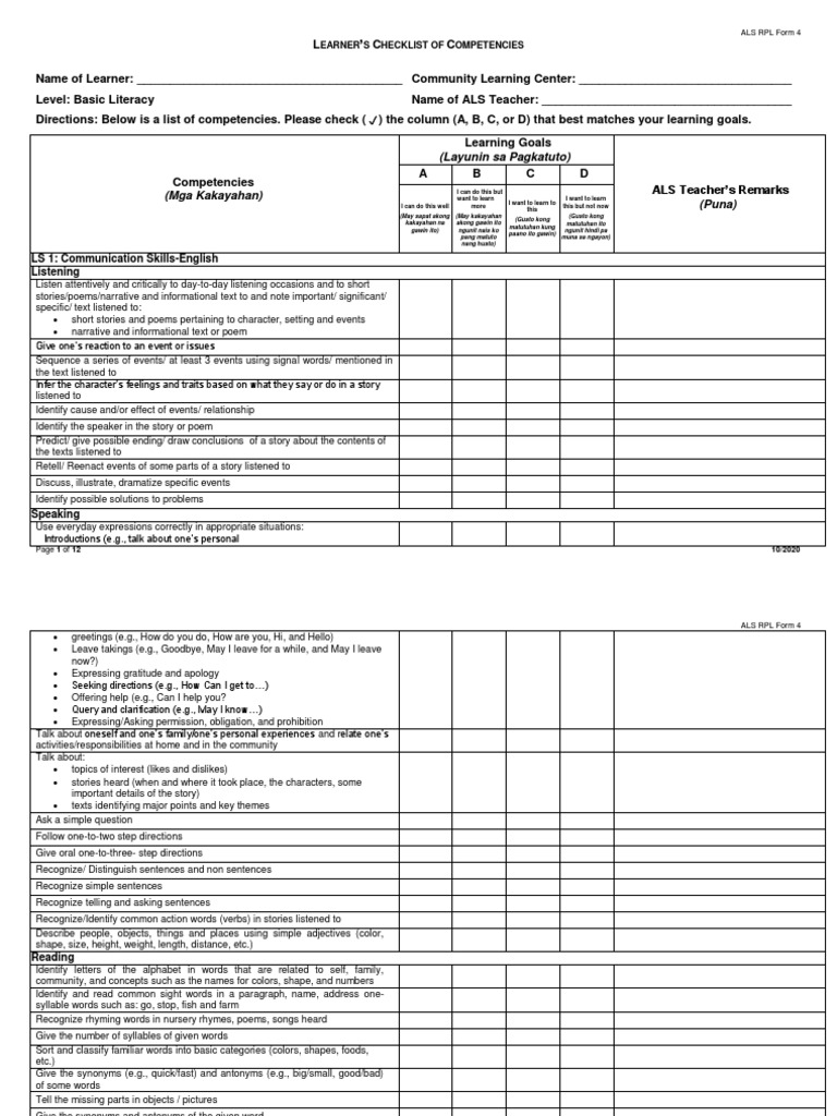 RPL Form 4 BL Learners Checklist of Competencies | PDF