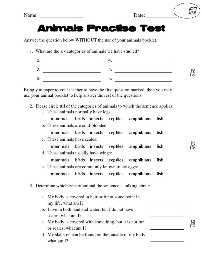 2 Science Animals Practise Test | PDF | Amphibian | Fish