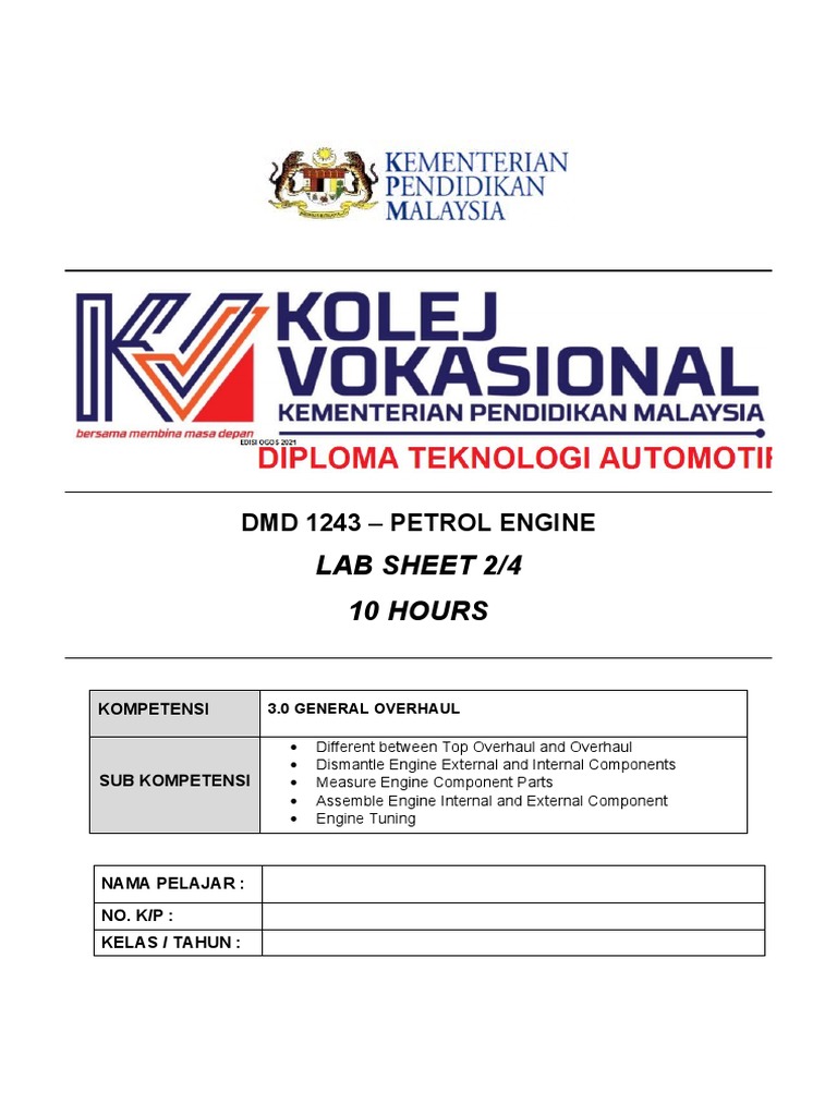Lab Sheet 2 Keluarkan Enjin Dari Kenderaan | PDF