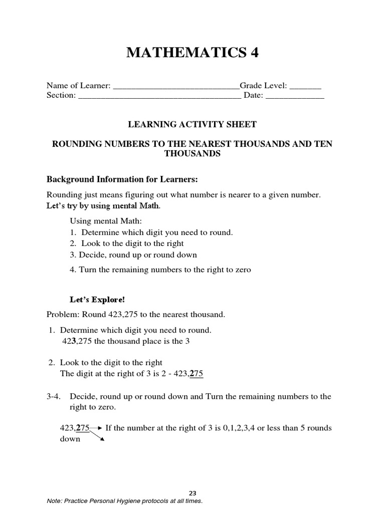 Mathematics 4: Learning Activity Sheet Rounding Numbers To The Nearest ...