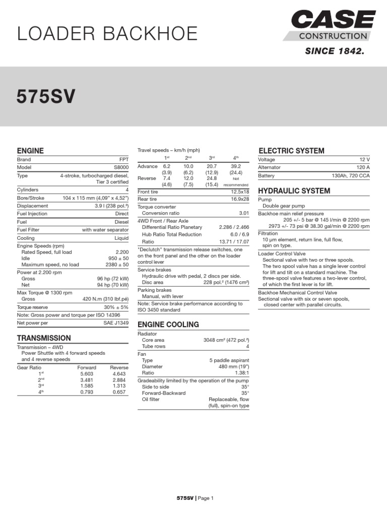 Cce Spec Backhoe Loader 575SV | PDF | Horsepower | Loader (Equipment)