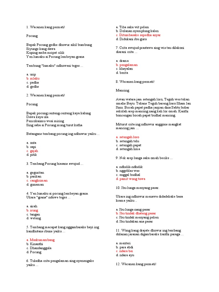 Latihan Soal Bahasa Jawa Kelas 3 | PDF