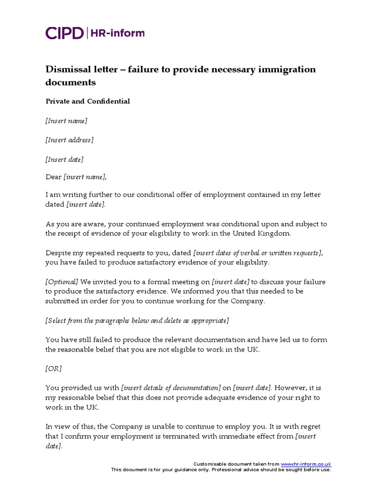Dismissal Letter - Failure To Provide Immigration Documentation | PDF ...