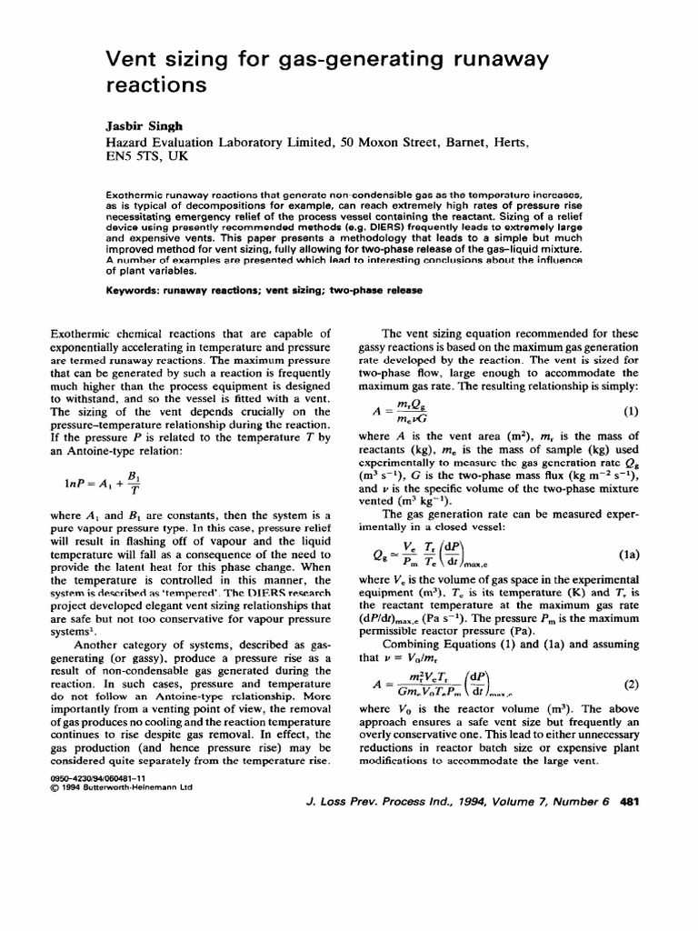 Vent Size For Runaway Reaction | PDF | Gases | Chemical Reactor